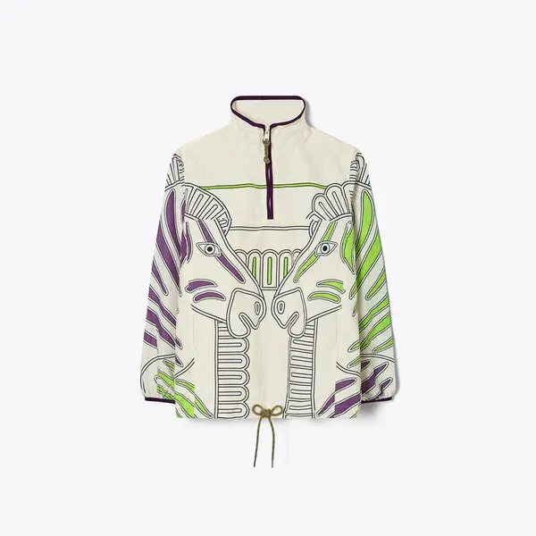 Tory Burch Nylon Ripstop Half-Zip Jacket In Ivory Zebra